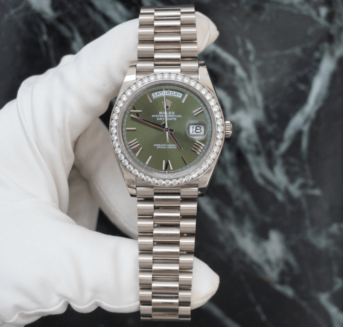 Rolex Day-Date olive dial with diamonds – Down Town Watches